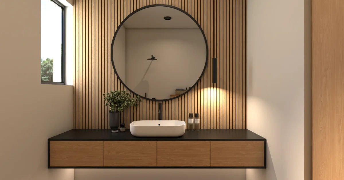 Small Powder Room Ideas: Oak Slat Vanity Wall