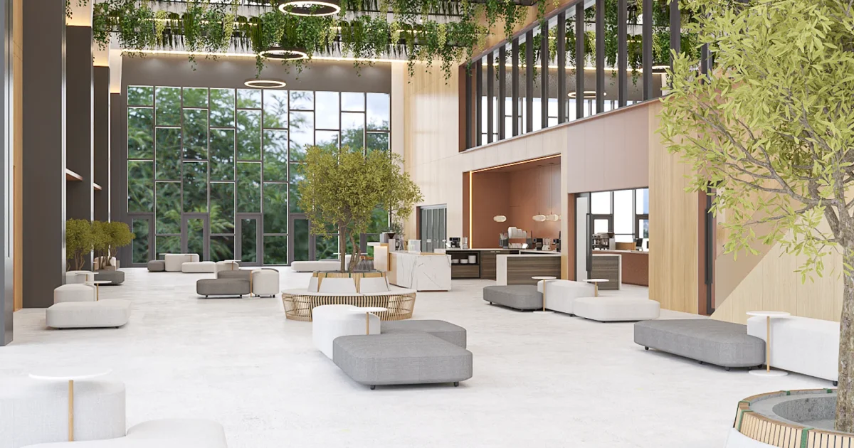 Biophilic Office Lobby: Hanging Gardens, Marble Reception