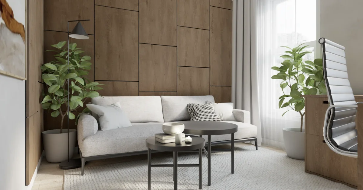 Geometric Oak Panel Media Wall: Built-In Marble Bar
